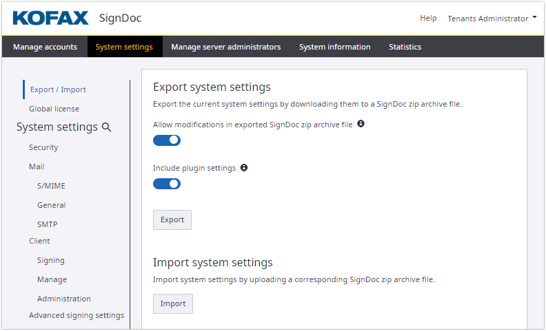 Export and import system settings